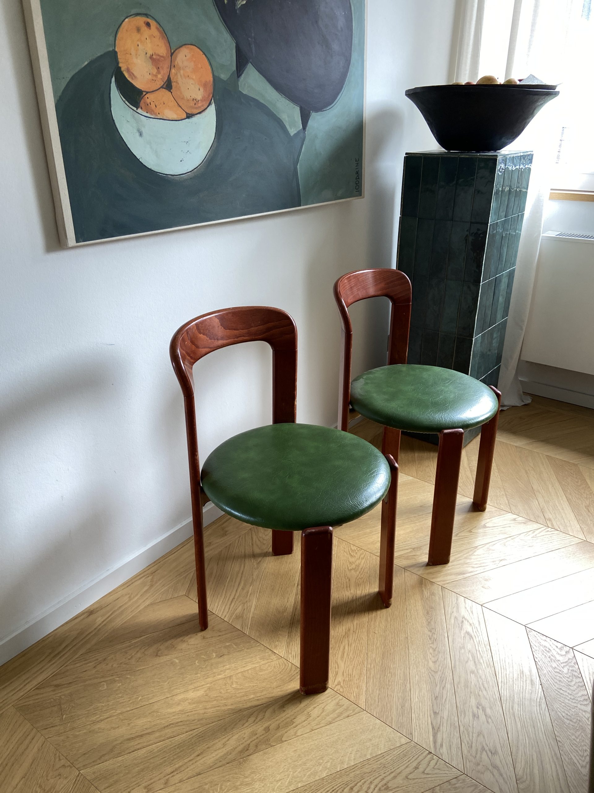 Pair of dark brown and green leather seat Bruno Rey Chair | ZWEI Design